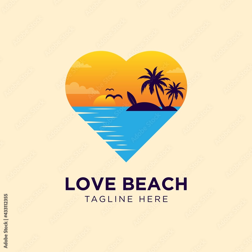love beach with sunset logo and palm tree vector graphic design ...