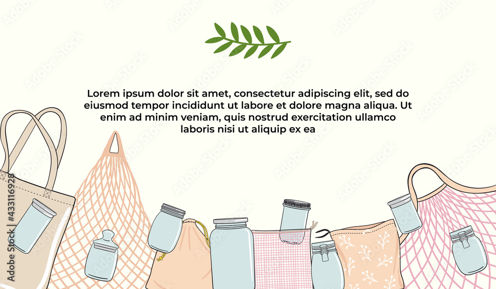 Zero waste wide border. Collection of bags and glass jars. Concept of ...