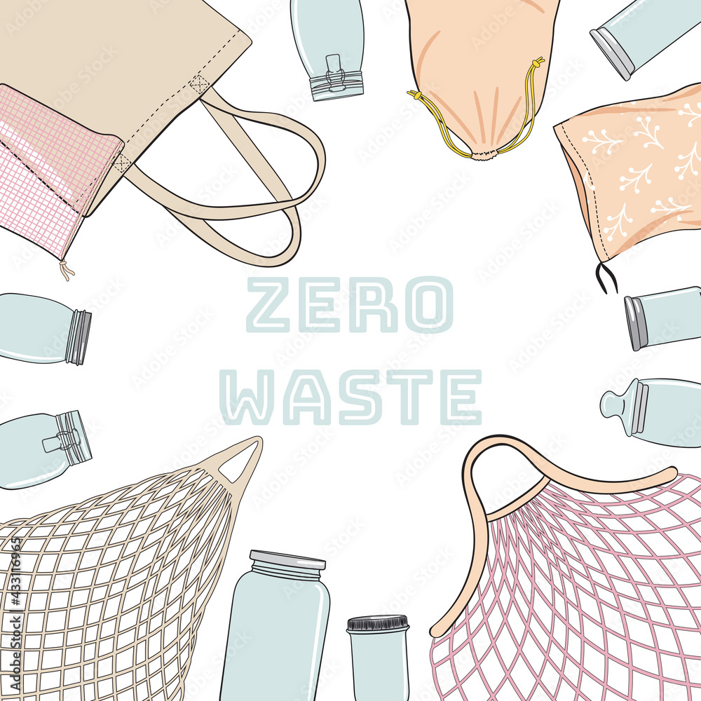 Zero waste square frame. Collection of bags and glass jars. Concept of ...