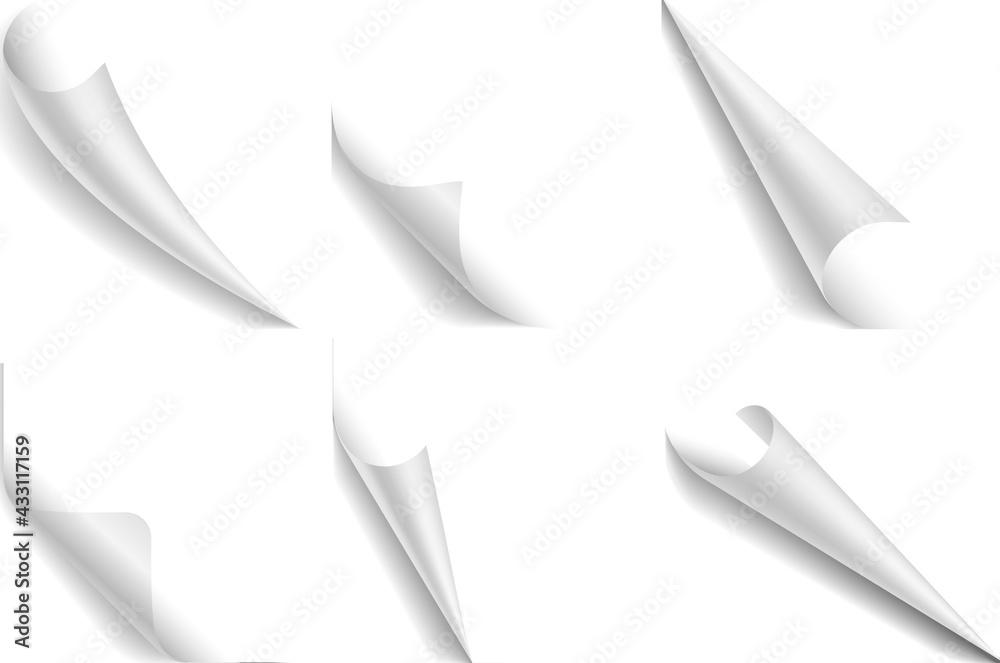 Paper page curl corner. Flip turn fold white sheets collection. Sticker ...