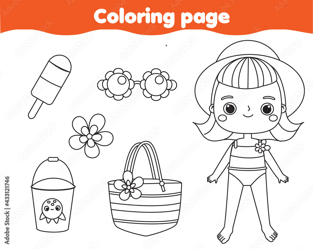 Coloring page with cartoon summer girl and beach objects. Drawing kids ...