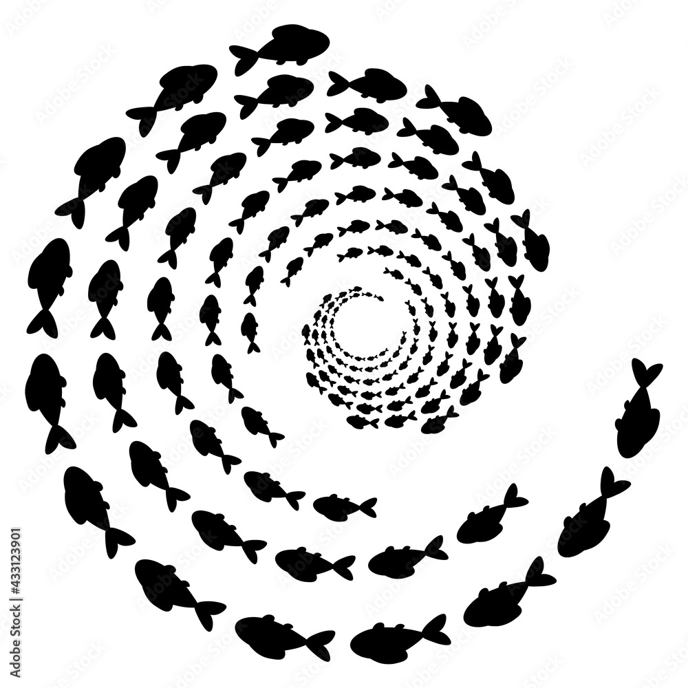 School of fish. Swirl, vortex of sea animal, fishes silhouettes. Marine ...