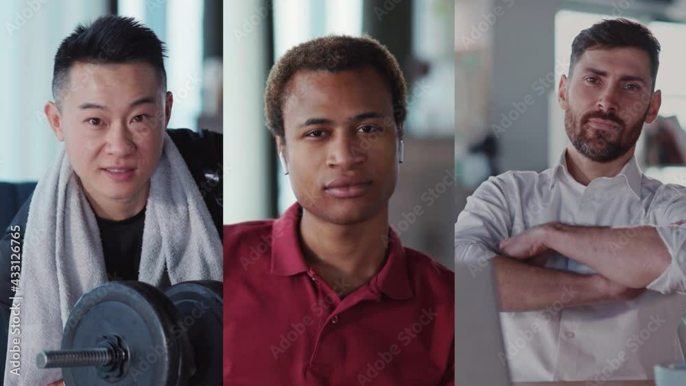 Handsome multi-ethnic young men with different lifestyle staying home ...