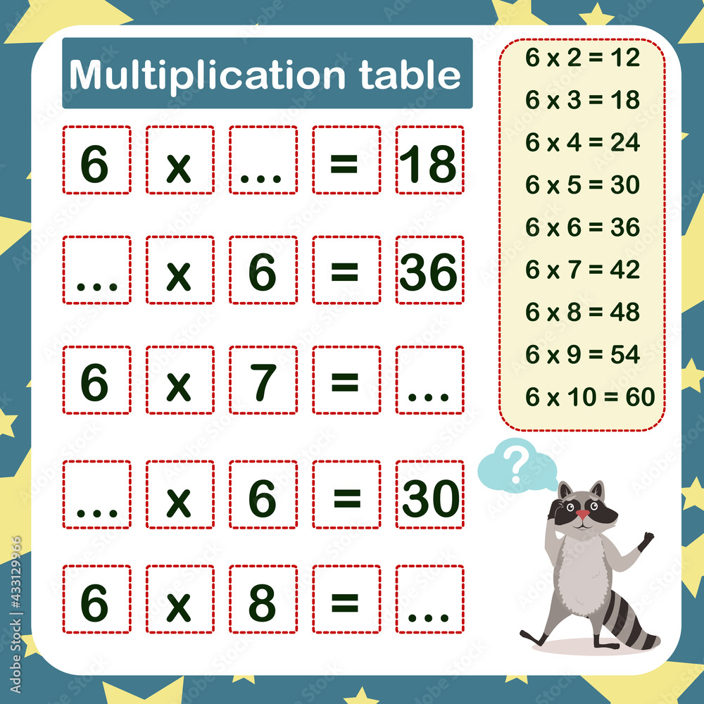 vector illustration of the multiplication table by 6 with a task to ...