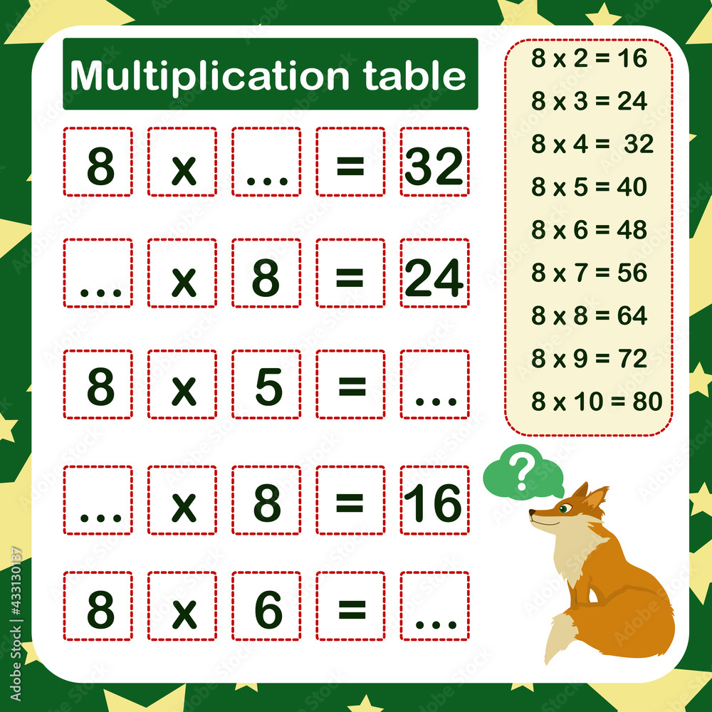 vector illustration of the multiplication table by 8 with a task to ...