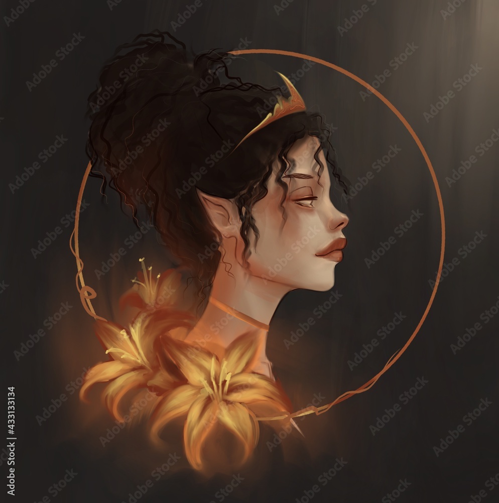 Elf with fiery flowers. Woman's face in profile. Fairy-tale character ...