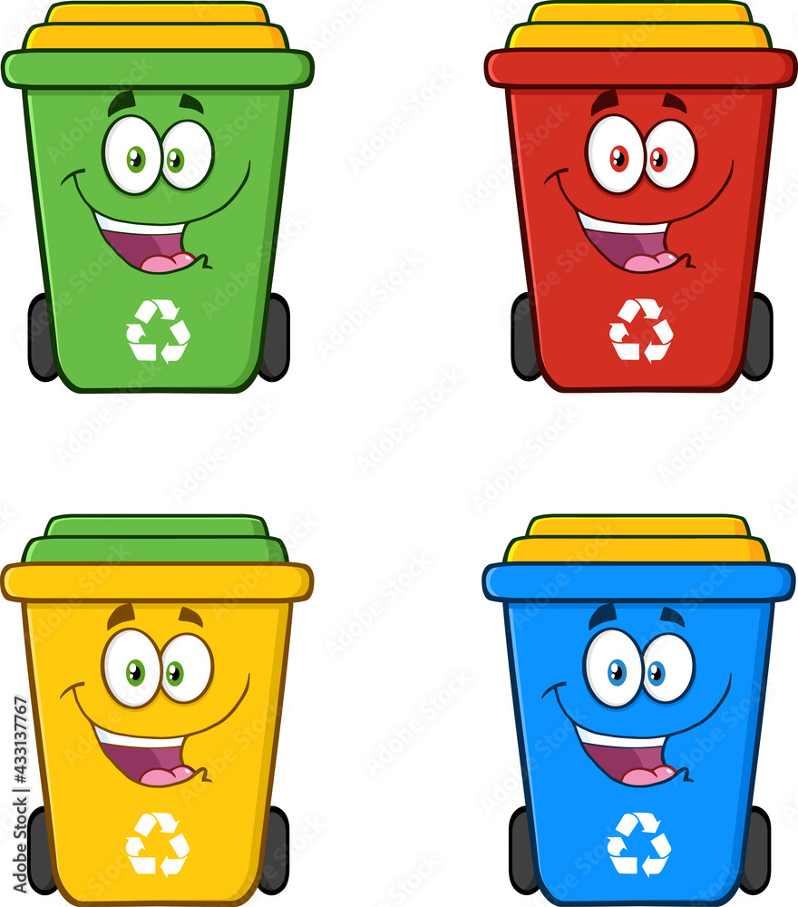 Recycling Bins Cartoon Characters. Vector Collection Set Isolated On ...