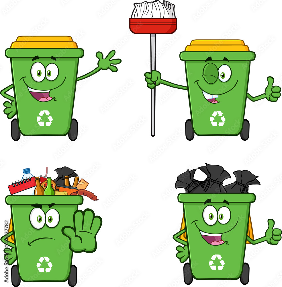 Recycling Bins Cartoon Characters. Vector Collection Set Isolated On ...