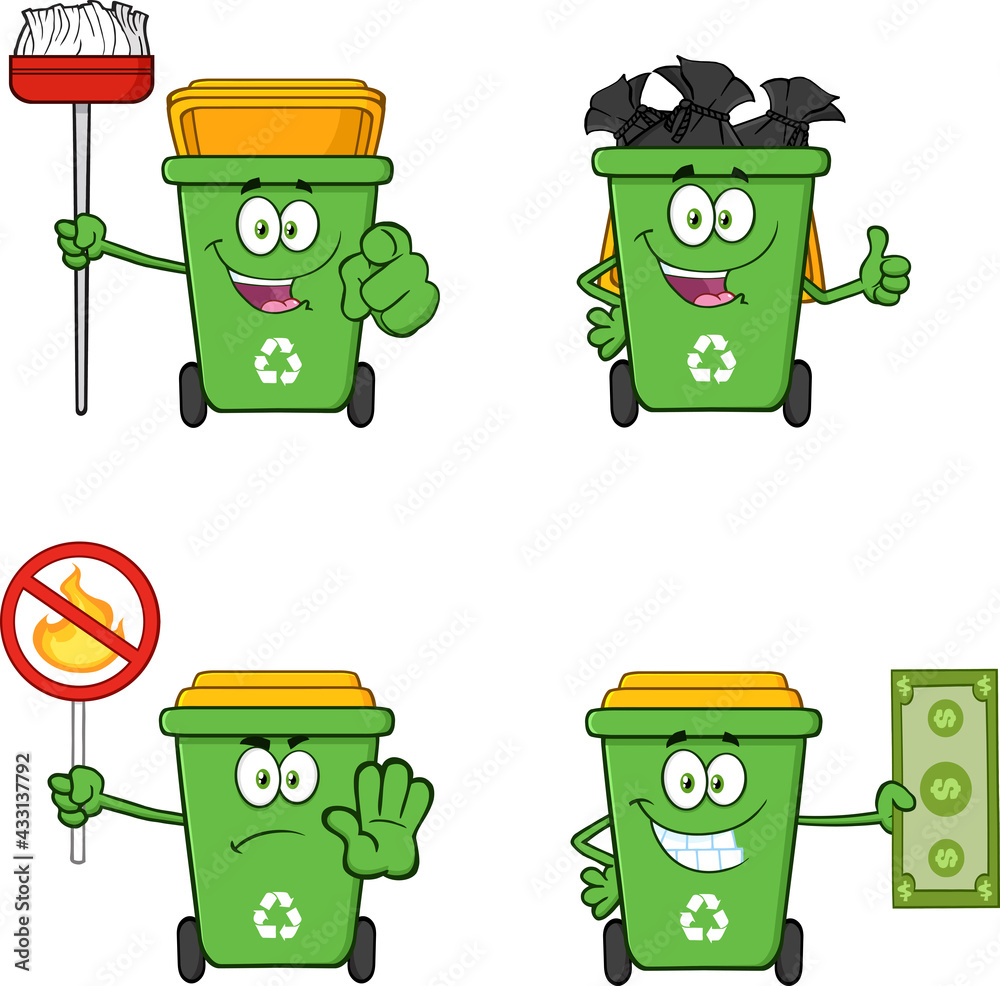 Recycling Bins Cartoon Characters. Vector Collection Set Isolated On ...