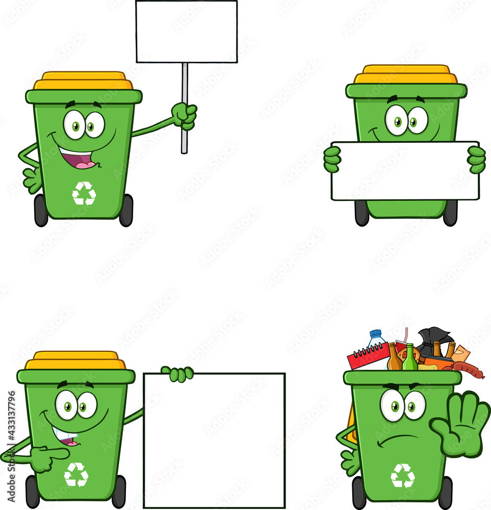 Recycling Bins Cartoon Characters. Vector Collection Set Isolated On ...