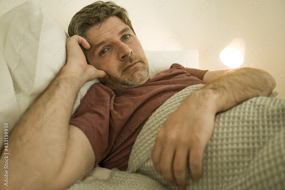 Man suffering depression - dramatic portrait at home of sad and ...
