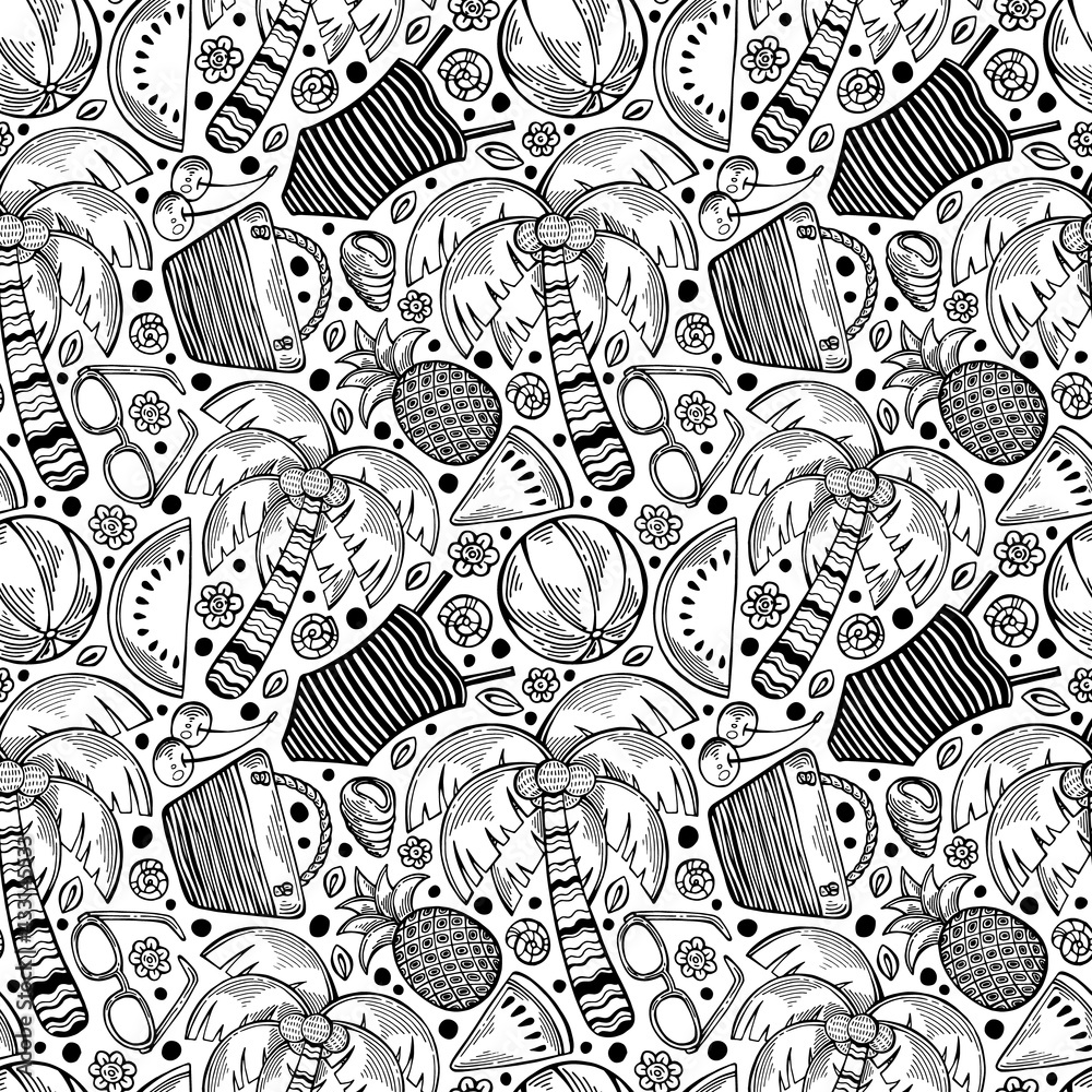 Cute hand drawn black and white seamless summer pattern. Funny doodle ...