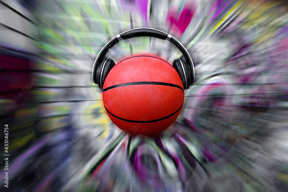 Isolated image of basketball with headphones wrapped around. Urban ...