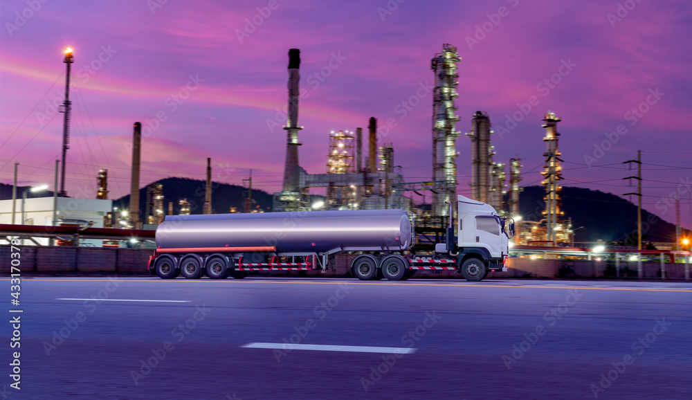 Gasoline tanker with fuel tanker truck shipping speed on high way road ...