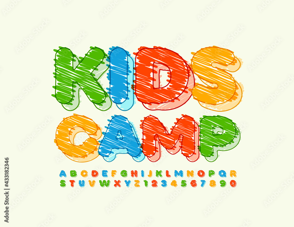 Vector artistic banner Kids Camp. Colorful Sketched Font. Drawn set of ...