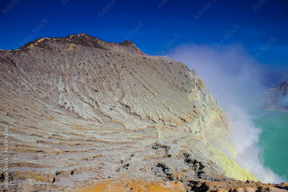 Volcano mountain texture, layer of rock at Kawah Ijen. The sheer sulfur ...