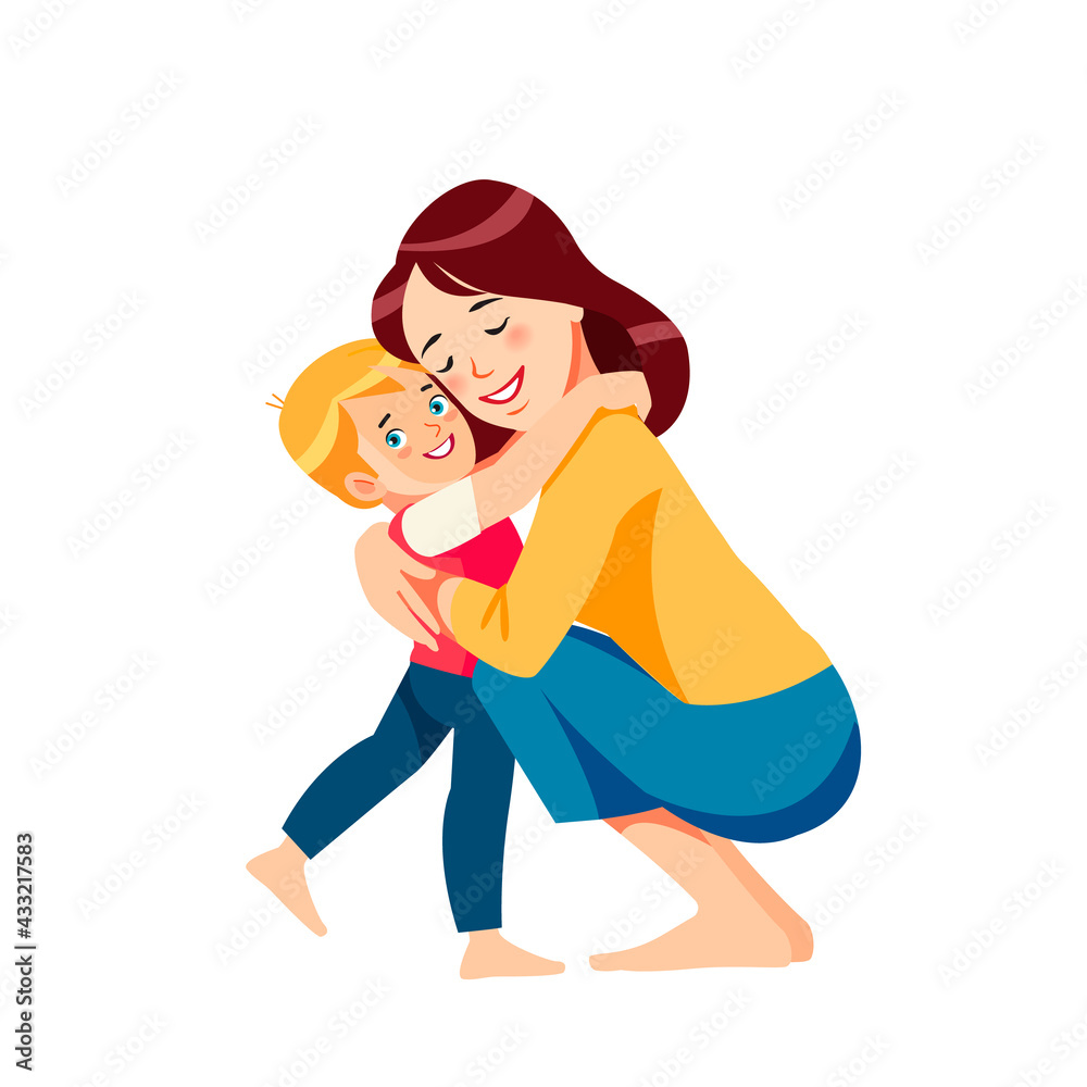 Mother and child. Mom hugging her son with a lot of love and tenderness ...
