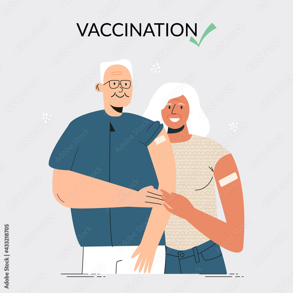 Senior elderly couple after vaccine injection. Time to vaccinate ...