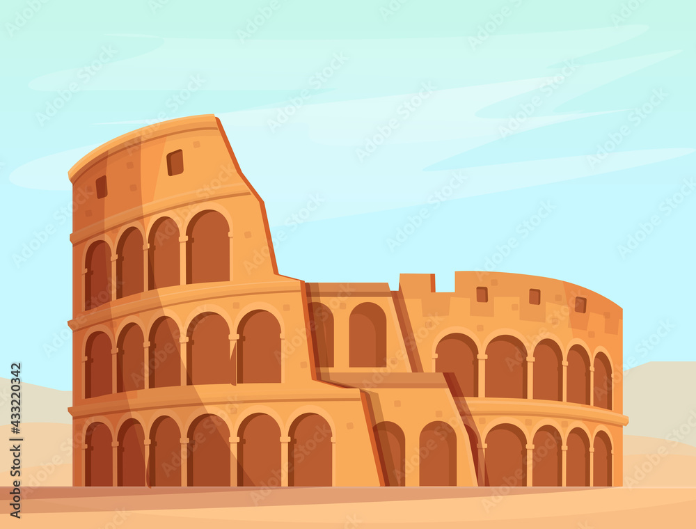 cartoon roman colosseum on nature background, vector illustration Stock ...