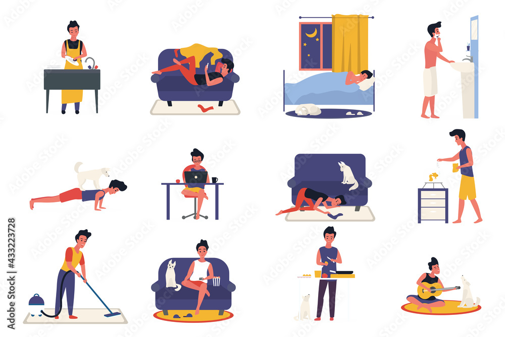 Young man daily routine activity vector illustration. Cartoon active ...