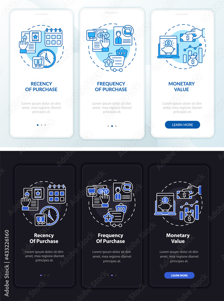 RFM model study onboarding mobile app page screen with concepts. Monetary value walkthrough 3 ...