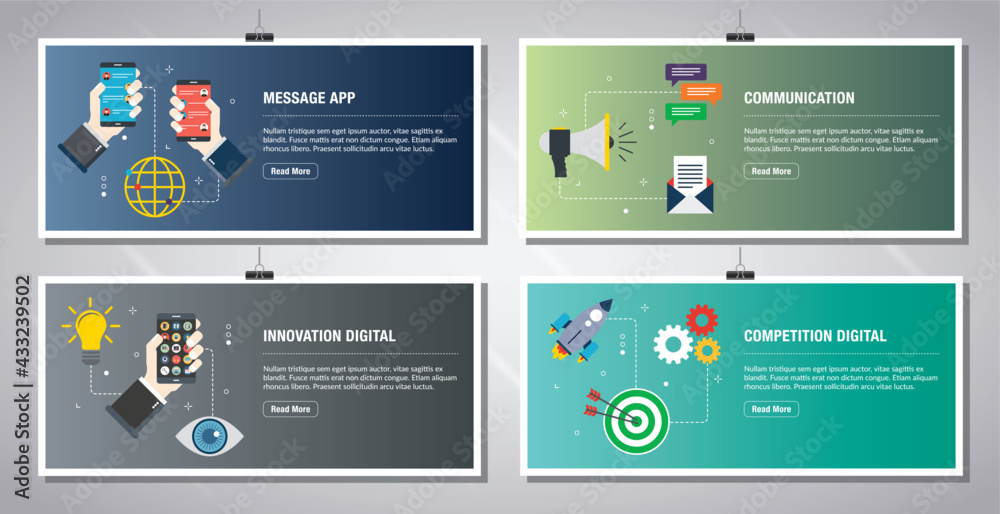 Web banners template in vector with icons of message app, communication ...