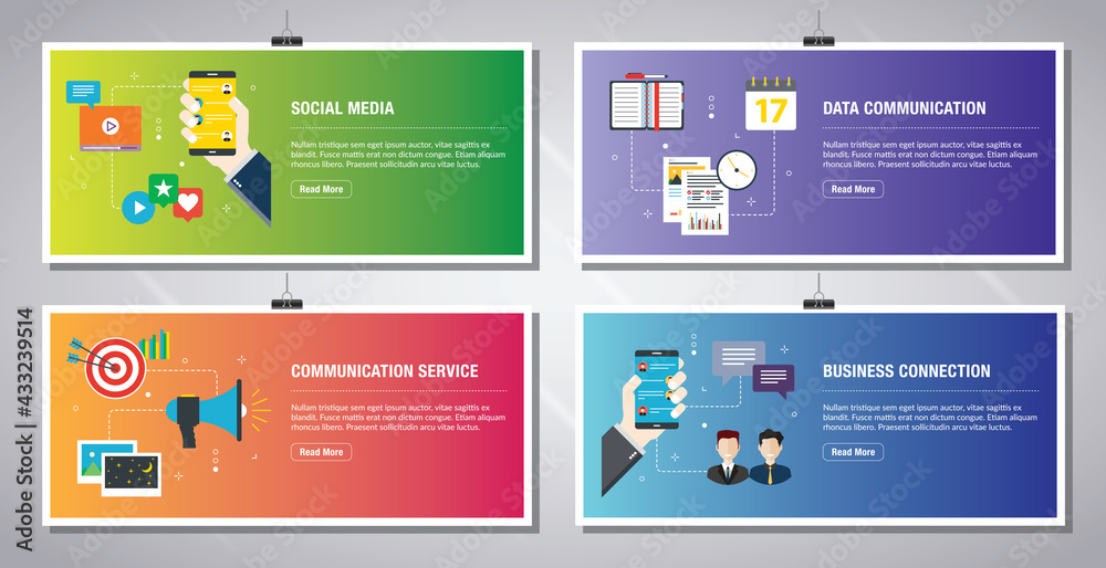 Web banners template in vector with icons of social media, data ...