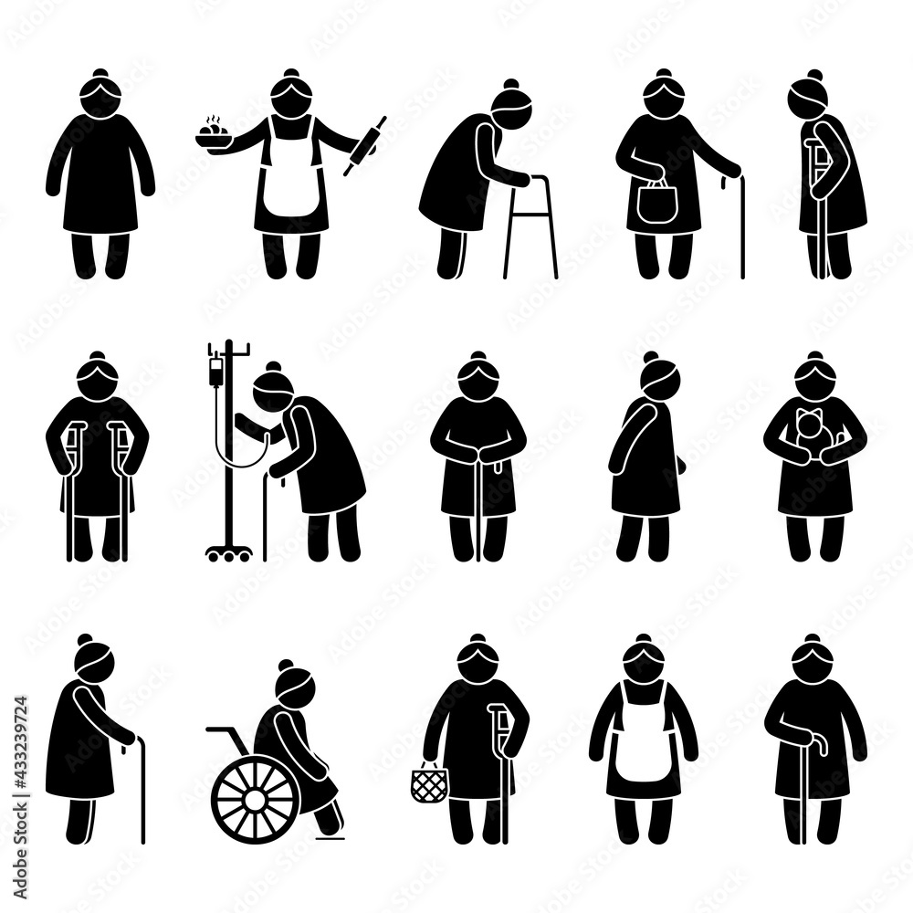 Grandmother stick figure woman walking, standing with walker, cane ...