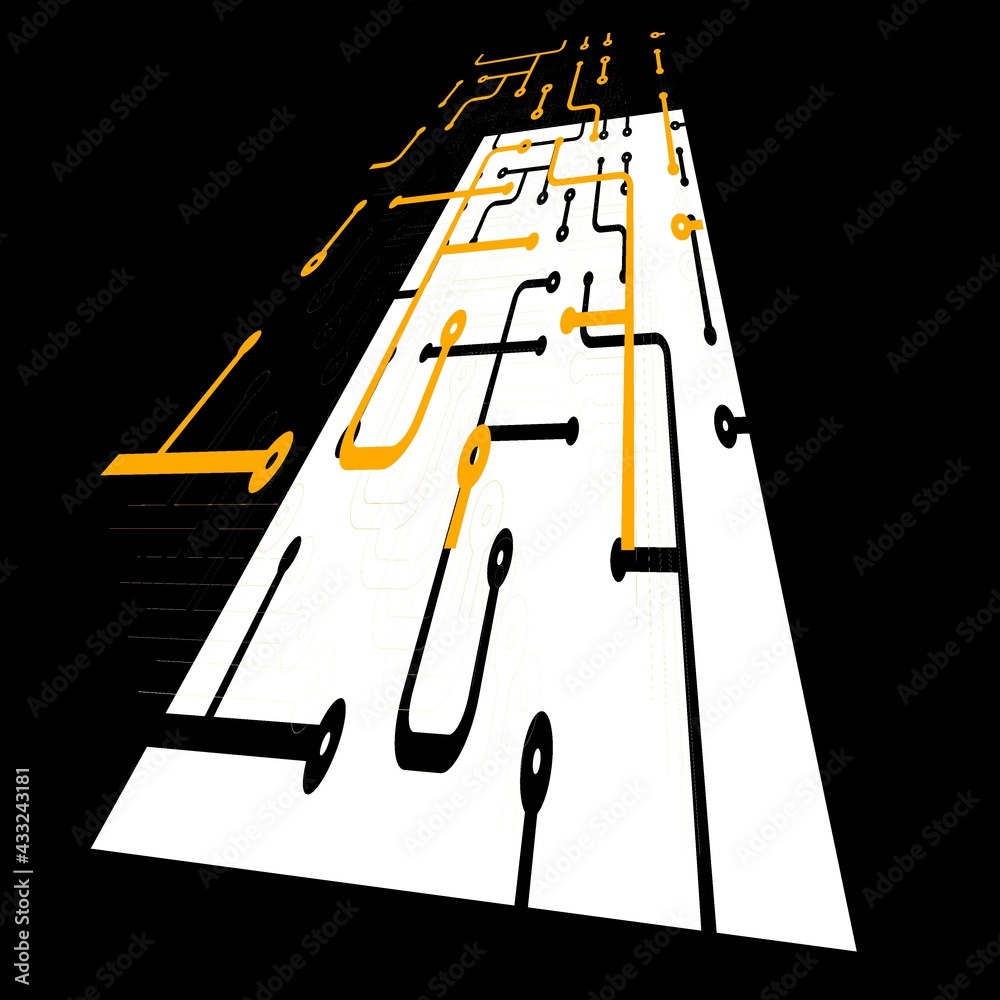 stylized computer circuit boards shapes patterns and 3D designs in exploding surface view on ...