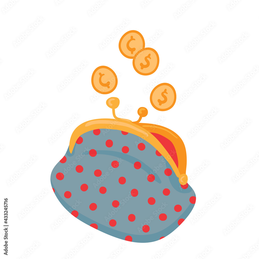 Gold coins falling into retro wallet. Dollars falling into an open ...
