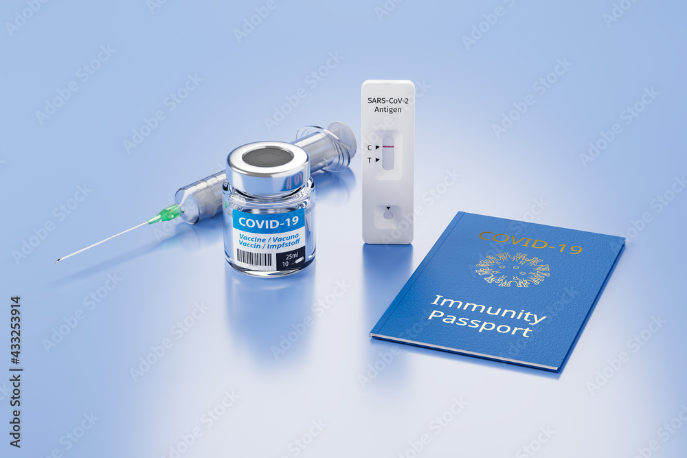 Immunity Passport concept: A vial of Covid-19 vaccine, a syringe, a ...