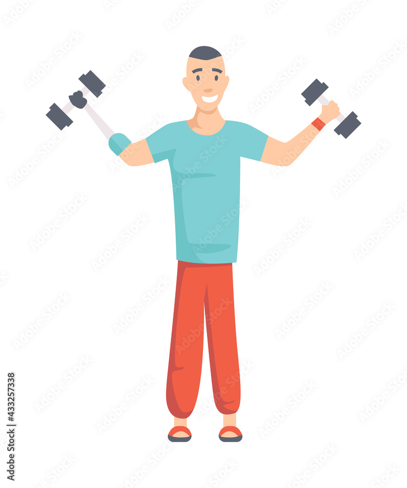 Athlete with Arm Prosthesis lifts dumbbells. Active Amputee Man ...