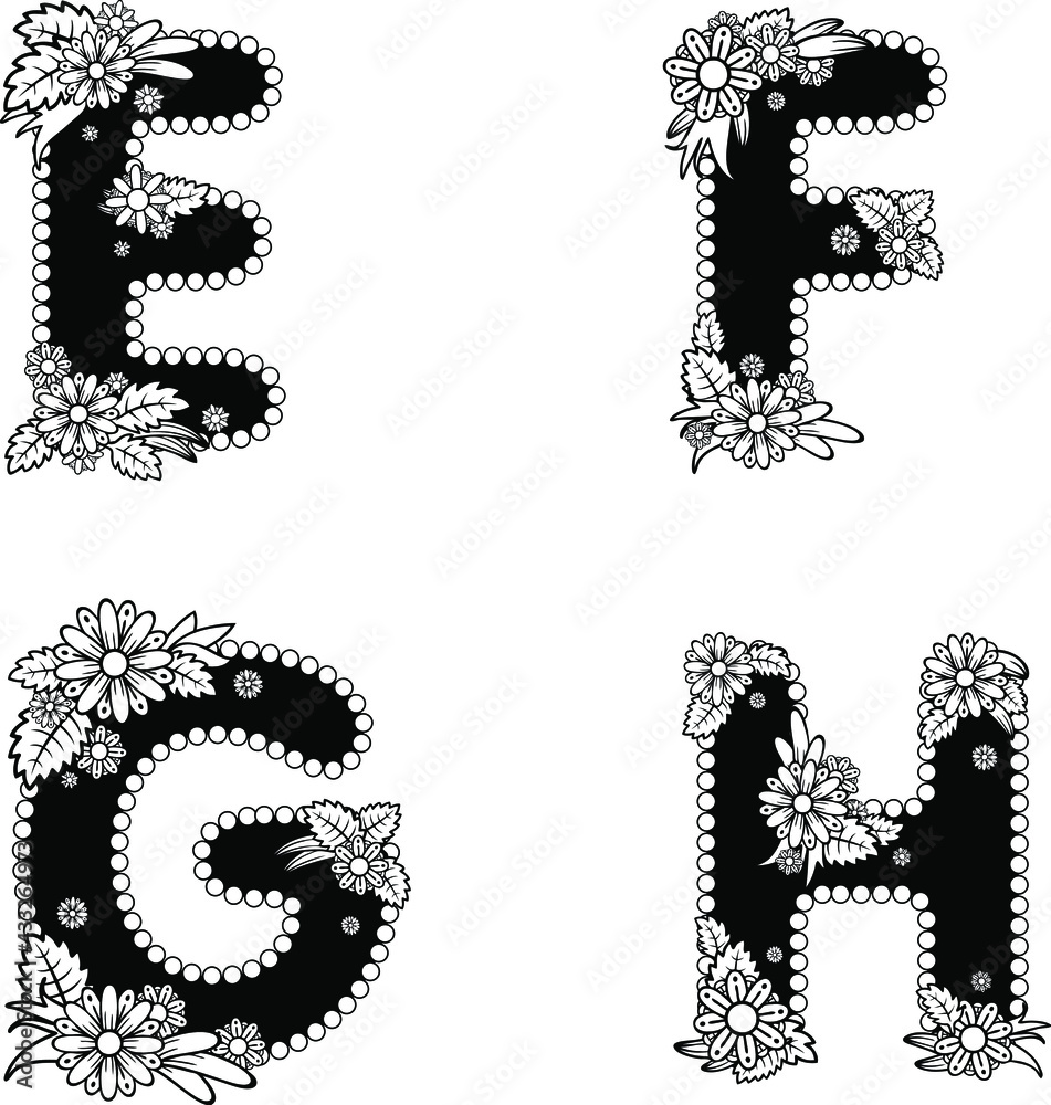 E F G H Floral botanical font alphabet uppercase letters set with ...
