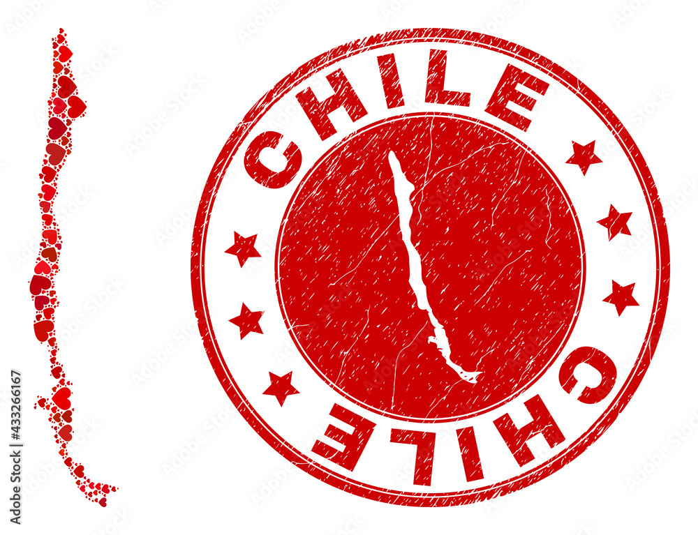 Mosaic Chile map designed with red love hearts, and rubber stamp ...