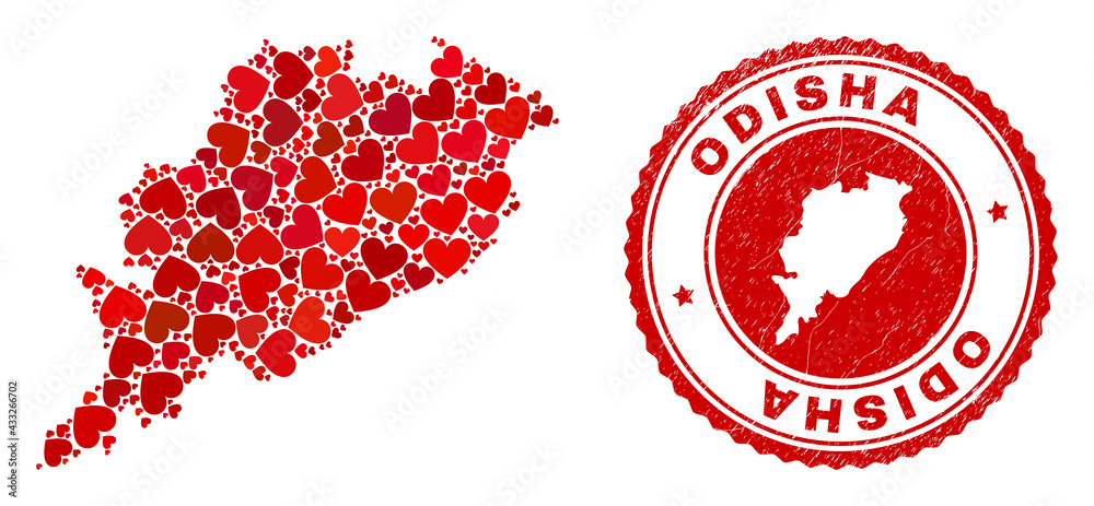Collage Odisha State map formed with red love hearts, and textured seal ...