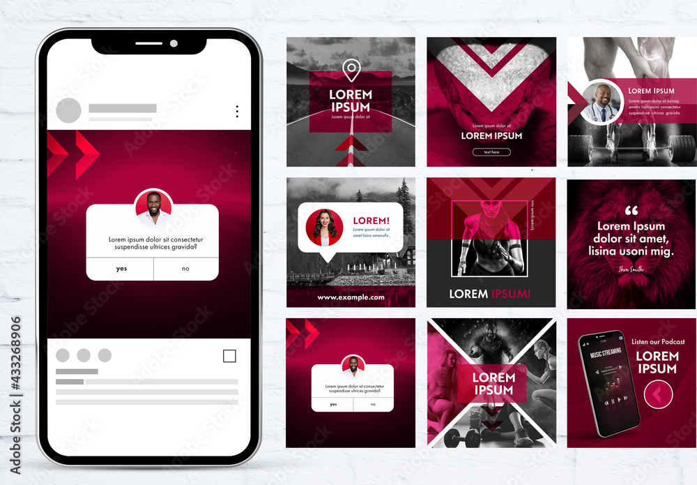 Red Triangles Style Social Media Post Set Stock Template | Adobe Stock