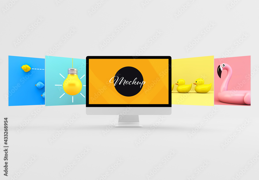 Frontal Desktop Computer with Floating Screens Mockup Stock Template ...
