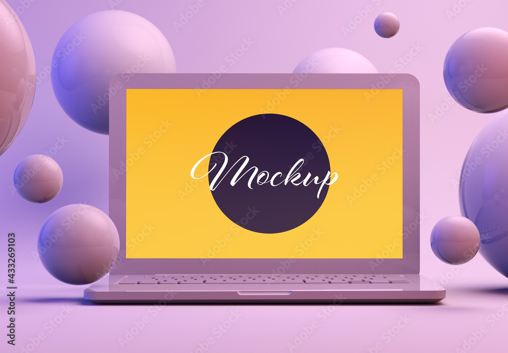 Standing Laptop Computer on a Purple Background with Spheres Mockup ...