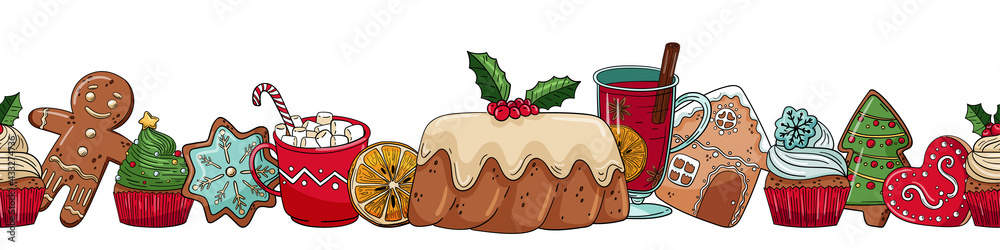 Seamless border with cartoon christmas food. Gingerbread, muffins, hot ...