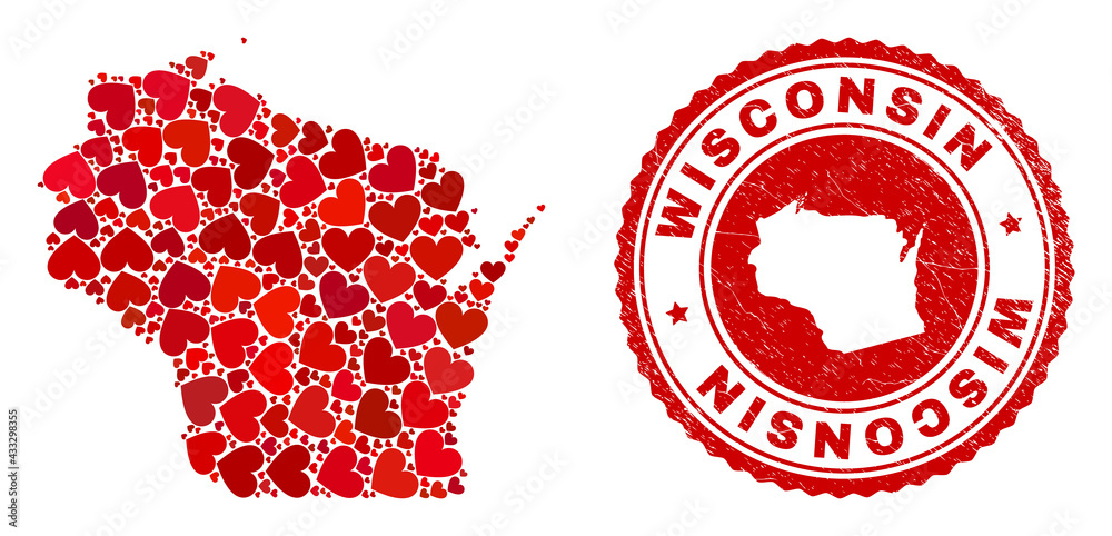 Collage Wisconsin State map created with red love hearts, and grunge ...