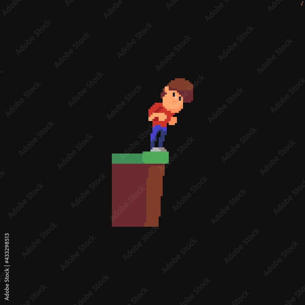 Pixel art male character staying on the top of the cliff and looking ...