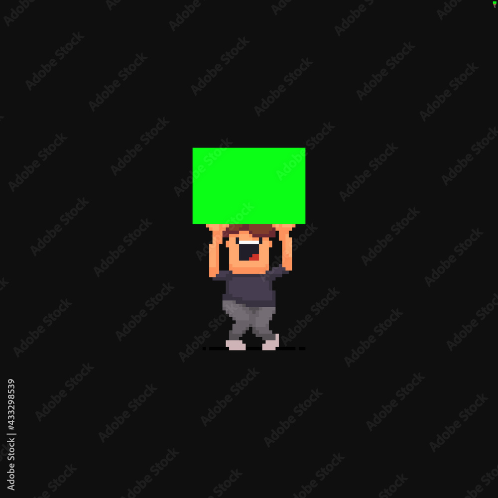 Pixel art male character holding huge green object over top of his head ...