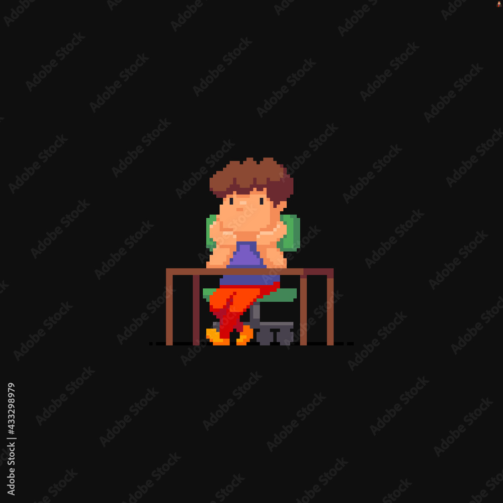 Pixel art sad melancholic character sitting behind table with head on ...