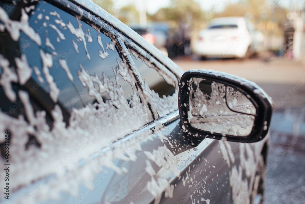 windshield and side view mirror. self-service car wash concept Stock ...