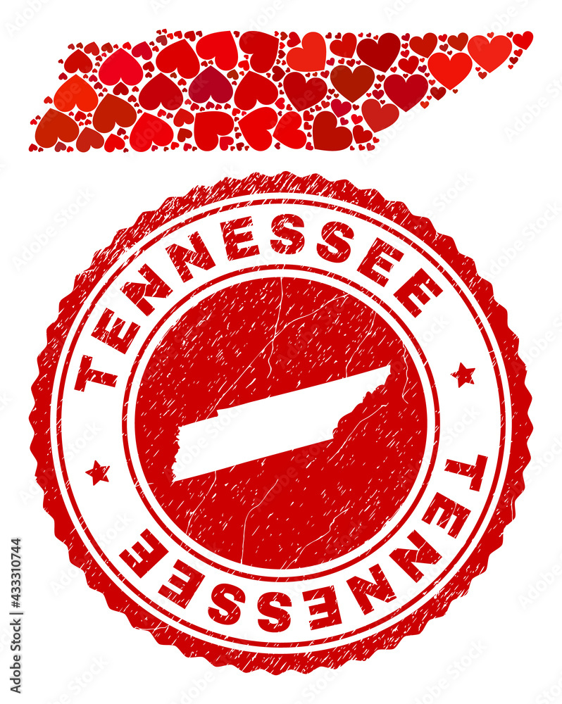 Collage Tennessee State map composed with red love hearts, and unclean ...