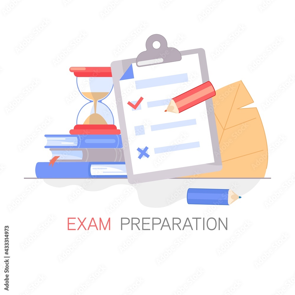 Exam preparation, school test. Vector flat illustration. Exam concept ...