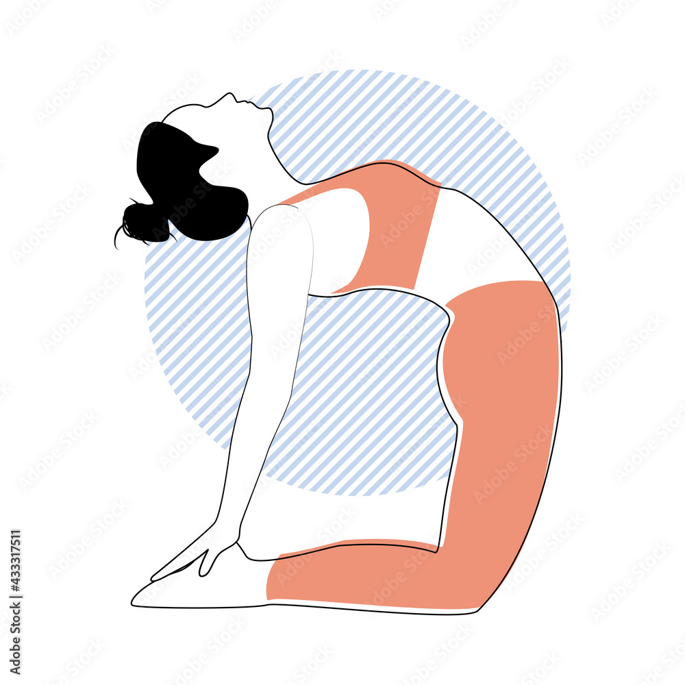 Woman practicing yoga poses on abstract blue background. Flat cartoon ...