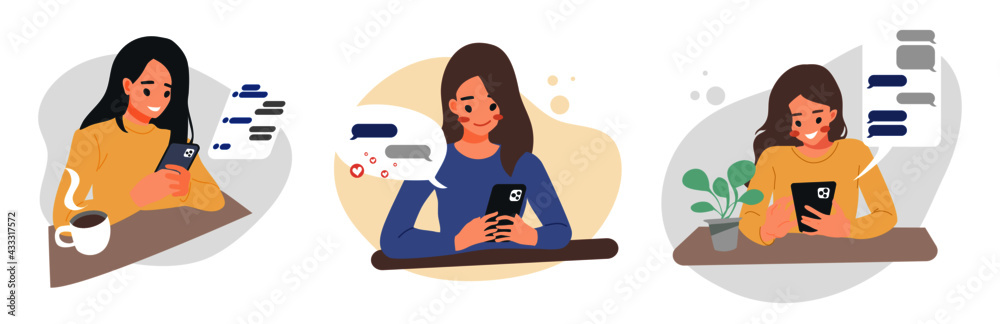 illustration set of character woman sitting using smartphone and ...