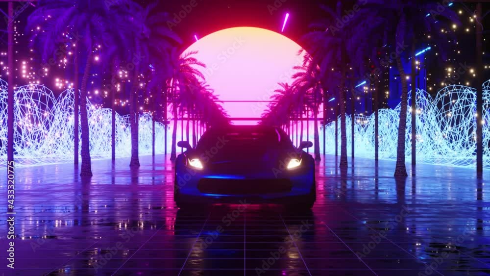 Car and city in neon style. 80s retro wave background 3d animation ...