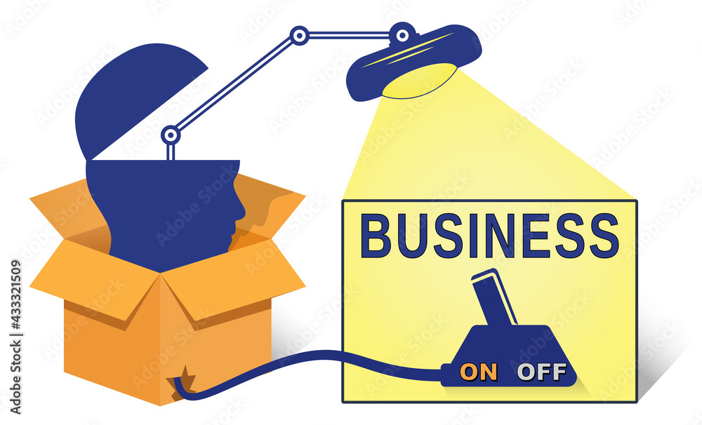 Thinking outside the box concept design with box, head, office lamp ...